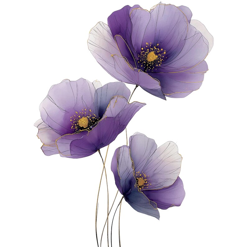 Watercolor Flowers Clipart, Purple Gold Flowers, Abstract Floral Art ...