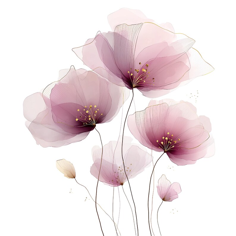 Watercolor Flowers Clipart, Pink Gold Flowers, Abstract Floral Art, PNG ...