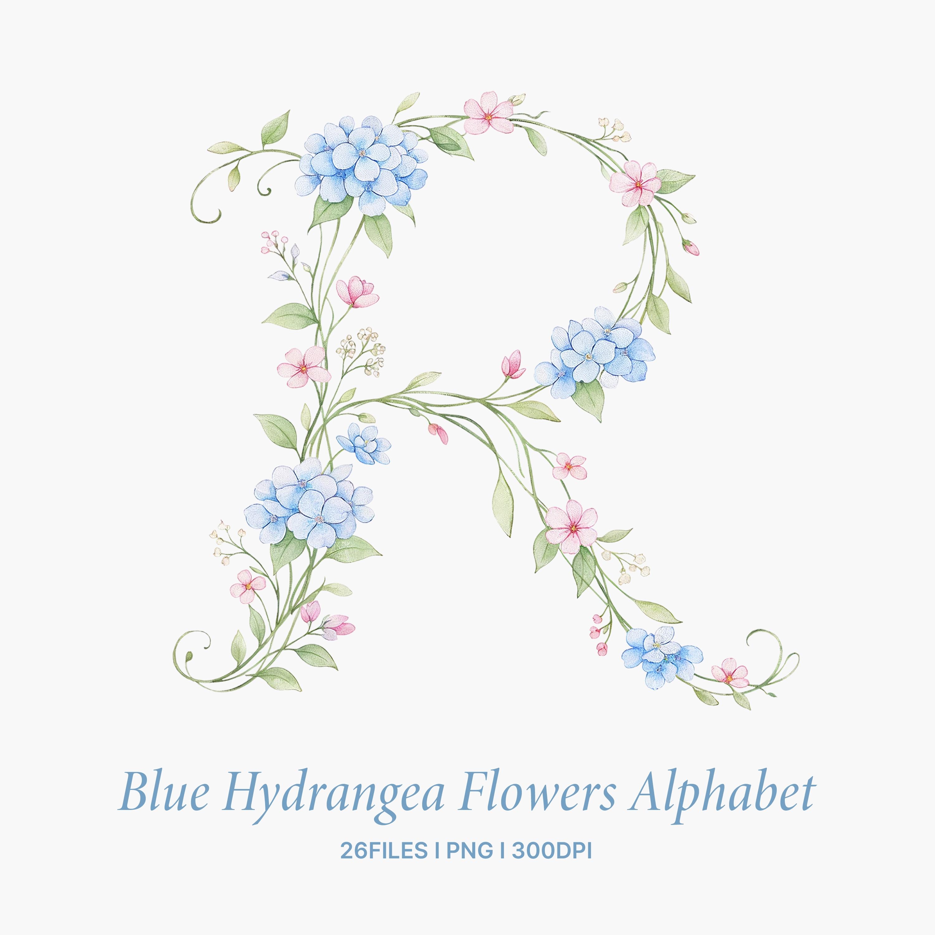 Floral Alphabet Letter Clipart, Blue Hydrangea Flower Alphabet ...