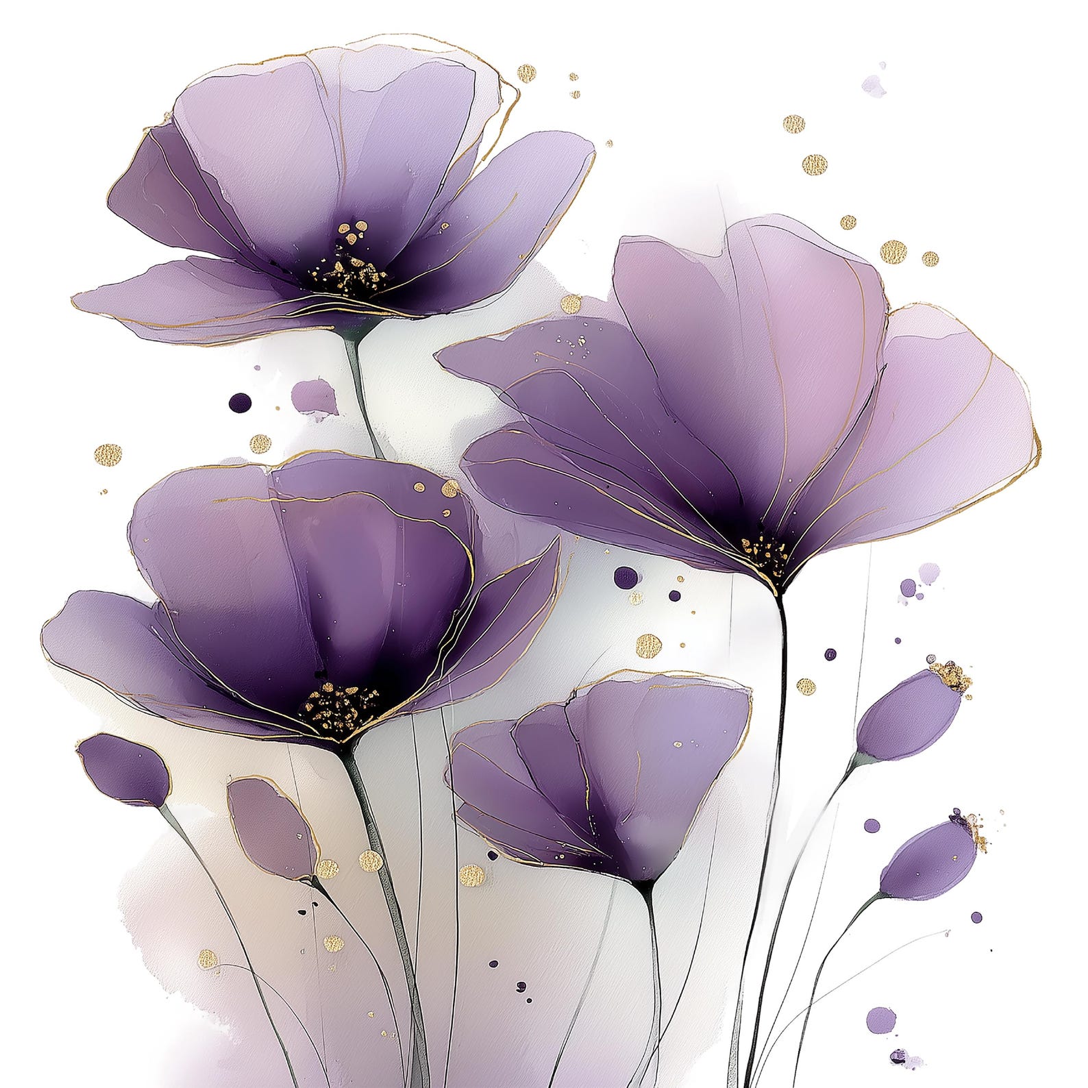 Watercolor Flowers Clipart, Purple Gold Flowers, Abstract Floral Art ...