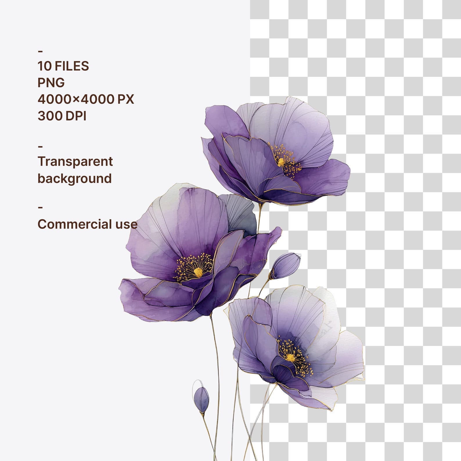 Watercolor Flowers Clipart, Purple Gold Flowers, Abstract Floral Art ...