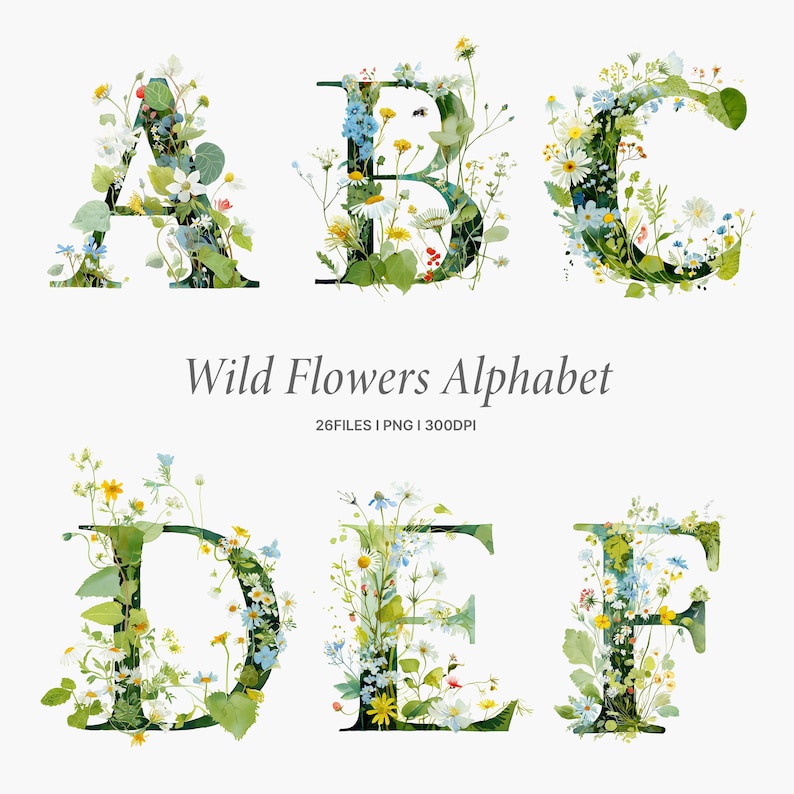 Floral Alphabet Letter Clipart, Wild Flowers Alphabet, Watercolor ...