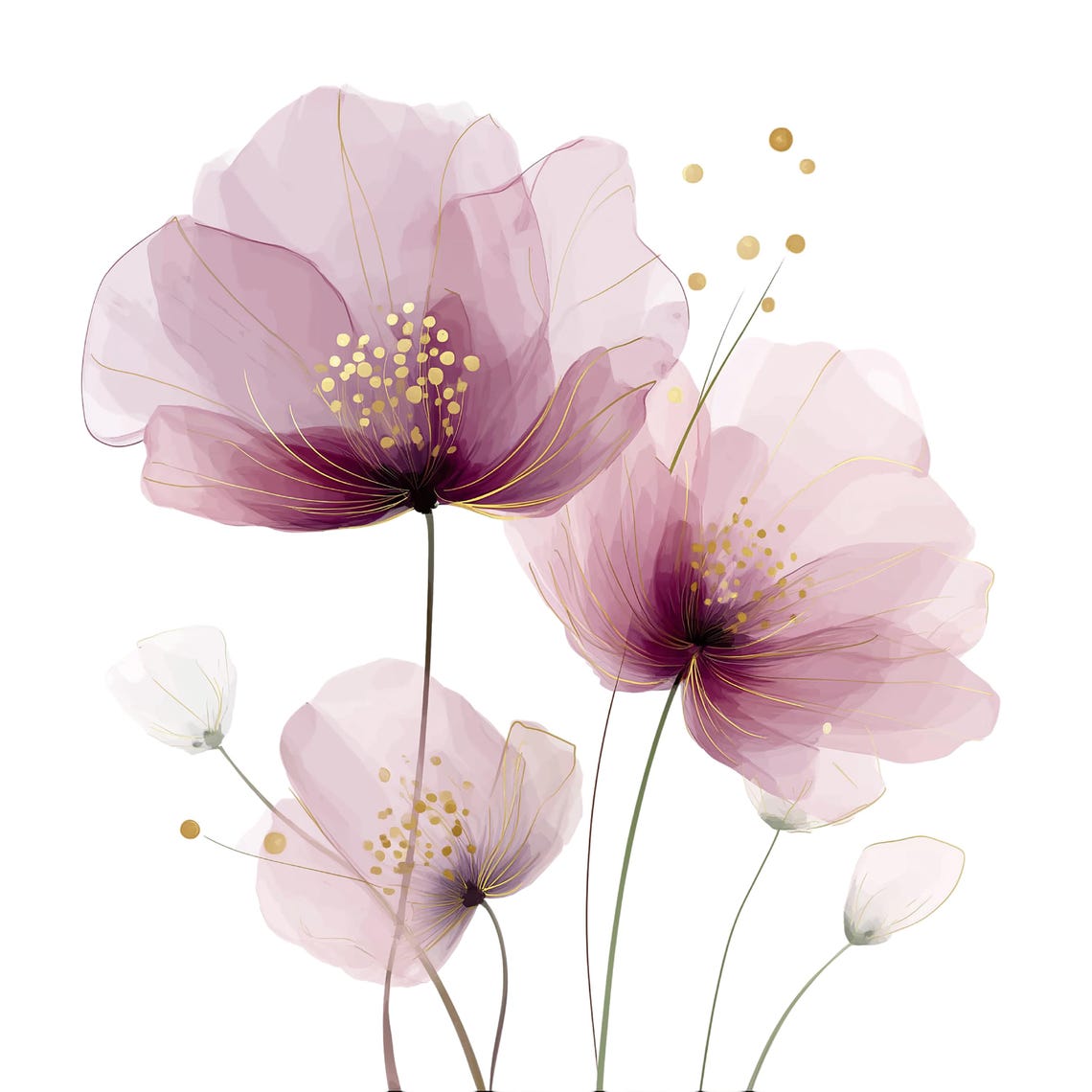 Watercolor Flowers Clipart, Pink Gold Flowers, Abstract Floral Art, PNG ...