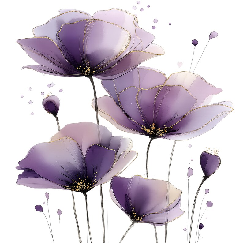 Watercolor Flowers Clipart, Purple Gold Flowers, Abstract Floral Art ...