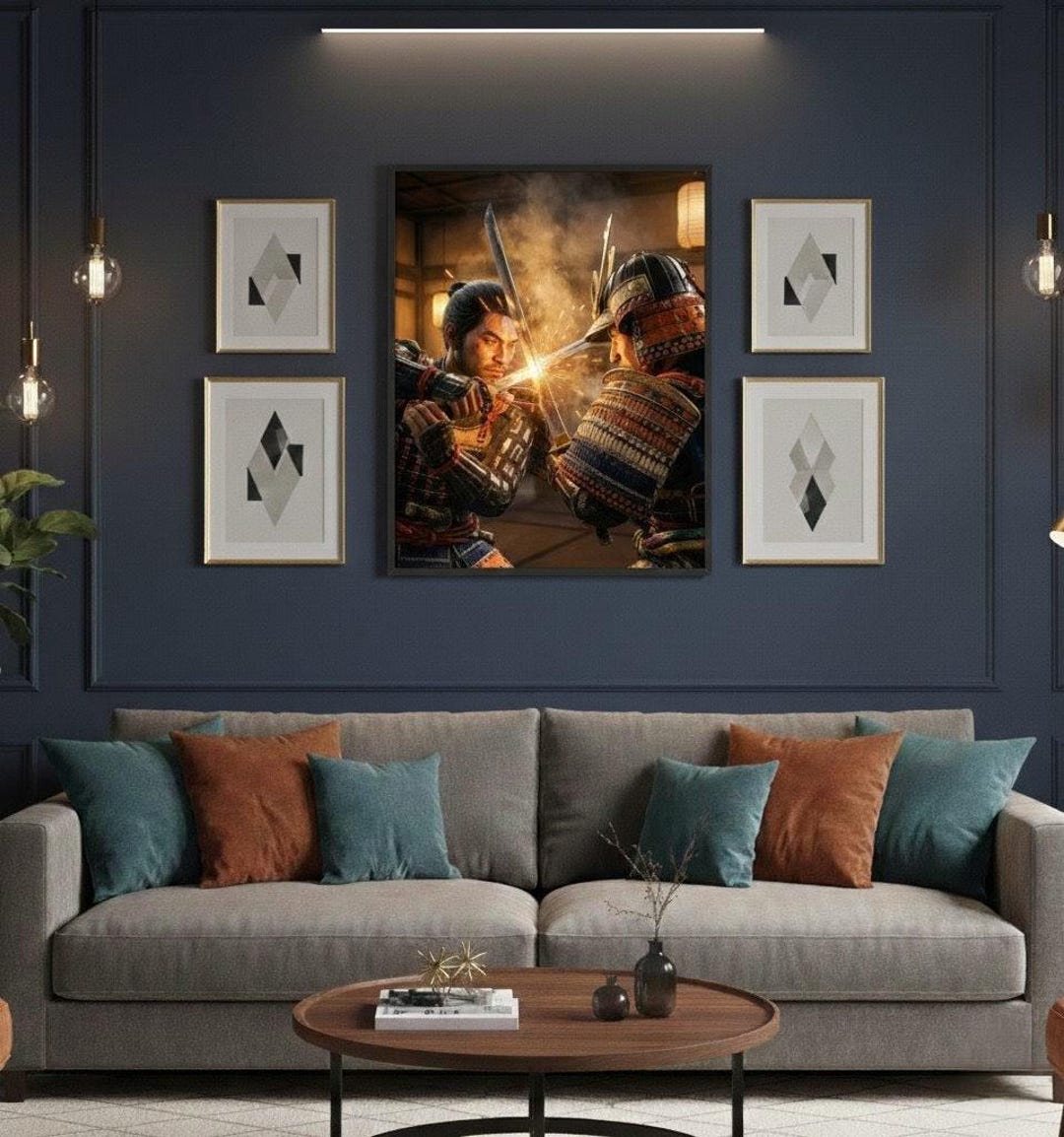 Two Samurai Fighting Poster With Wooden Frame | Warrior Duel Wall Art ...