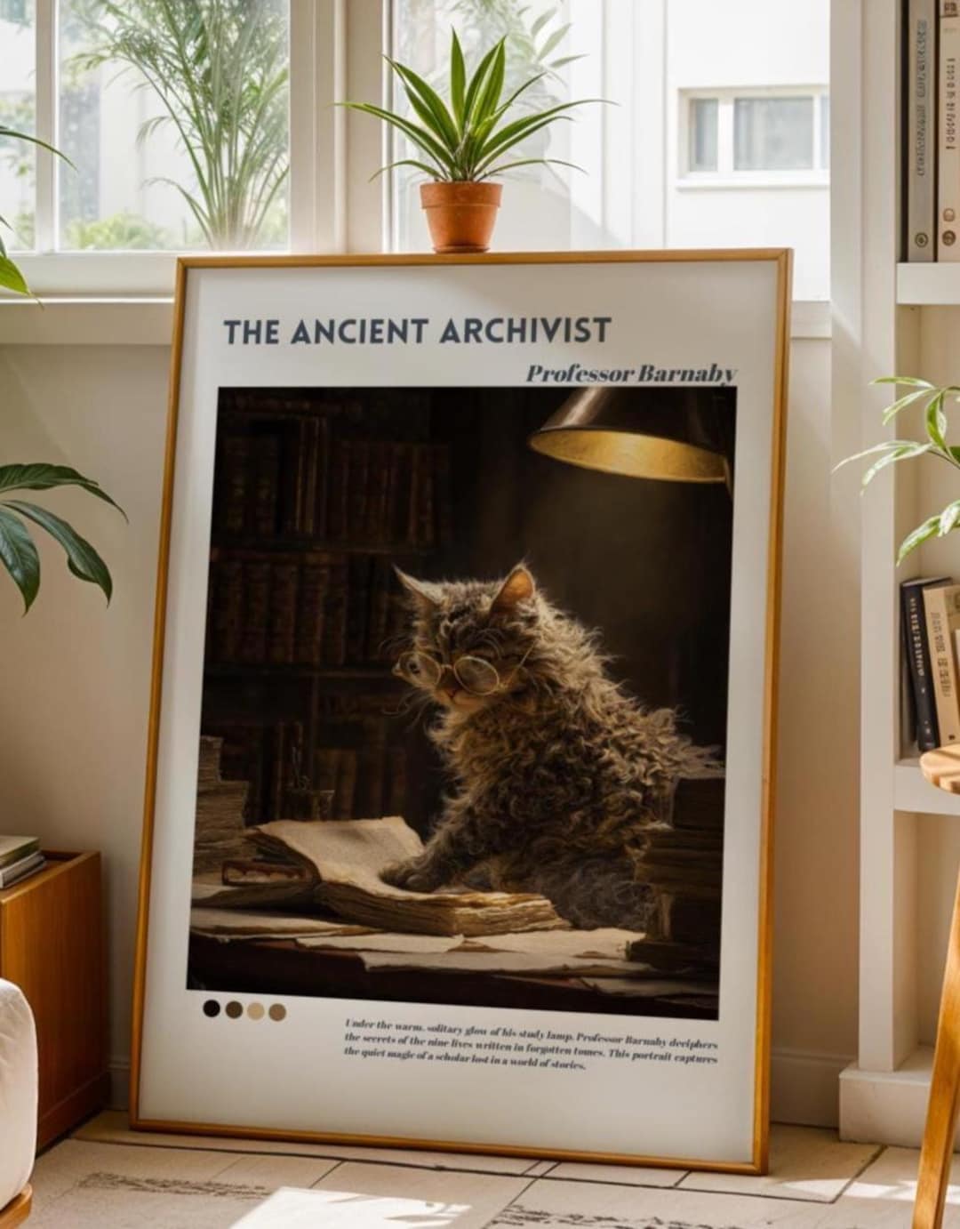Dark Academia Cat Art Print – Moody Library Cat Wall Art, Vintage Style ...