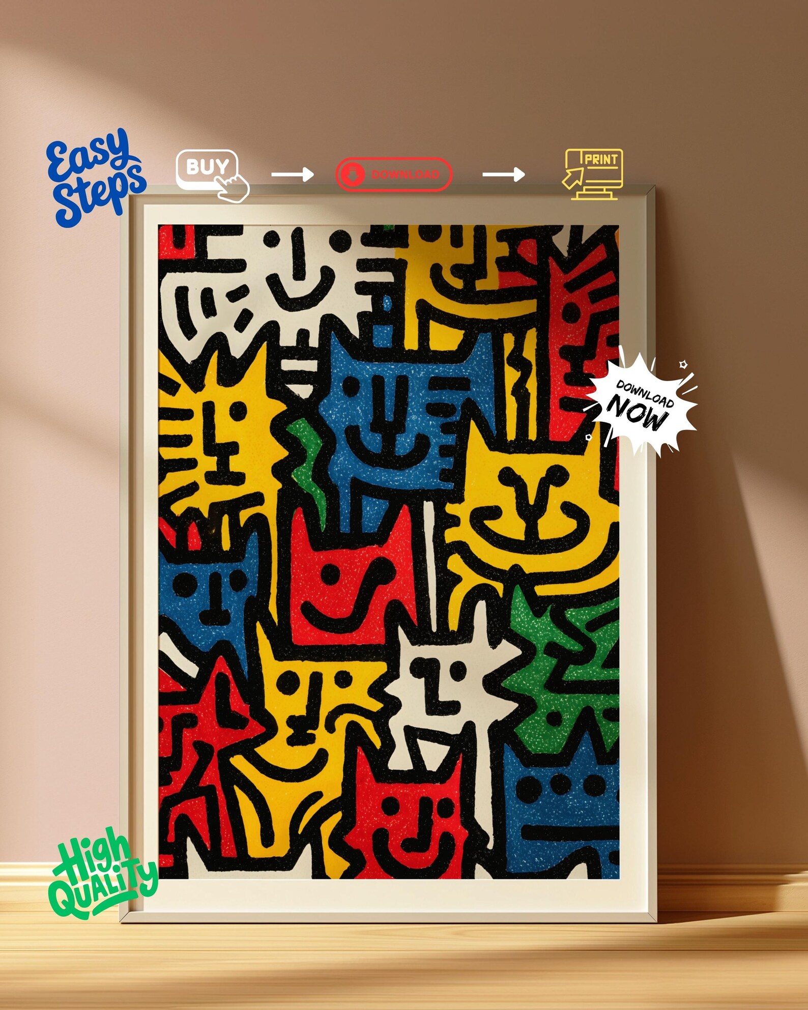 Keith Haring Style Cat Art Print | Colorful Pop Art Cats Wall Decor ...