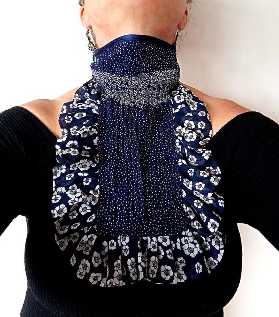 Victorian Ruffled Jabot Collar, Navy White Chiffon Necktie - Etsy