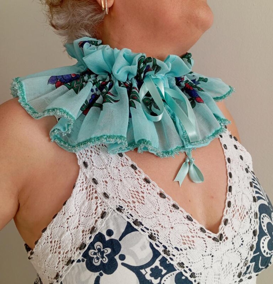 Detachable Ruffle Blue Collar, Blue Floral Cotton, Frilly Cosplay Party ...
