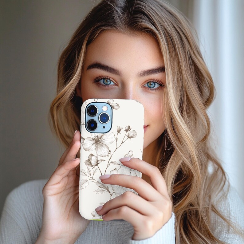 Vintage Botanical Line Art Phone Case, Elegant Floral Sketch Design ...