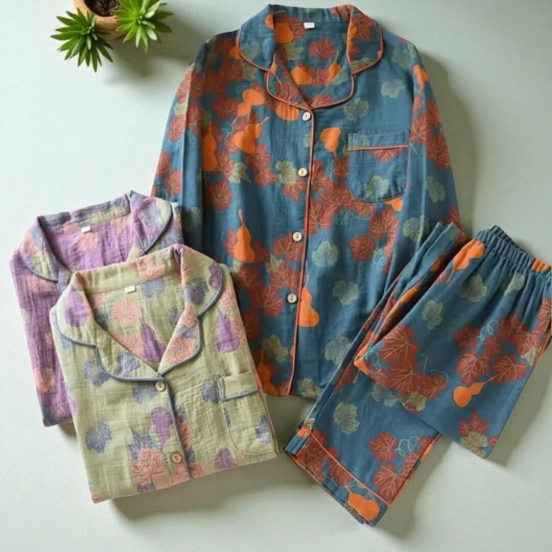 Organic Cotton Pajamas Set: Vintage-inspired Botanical Print Loungewear ...