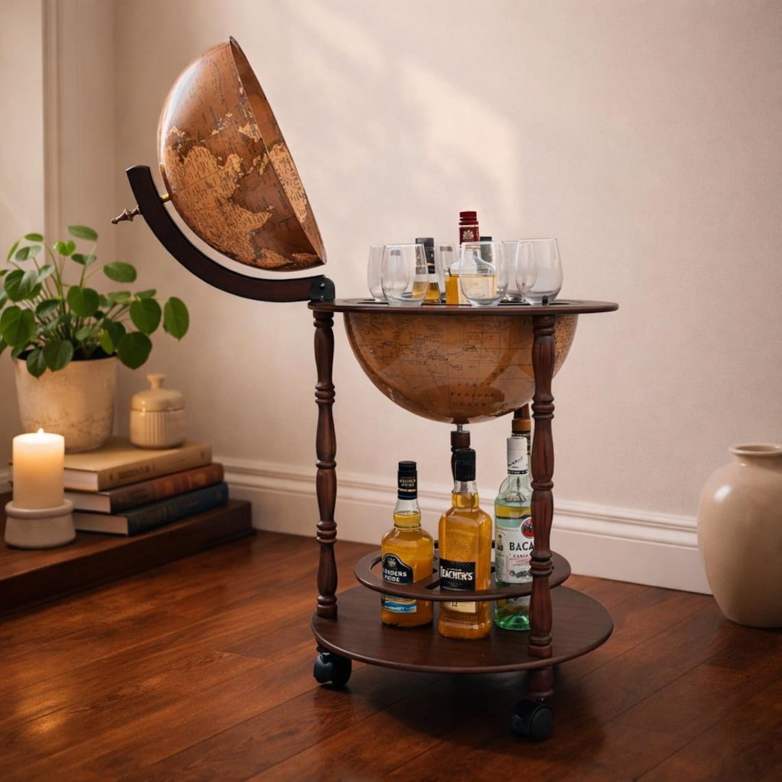 Vintage Globe Bar Cabinet With Wheels – Wooden World Map Liquor Bar ...