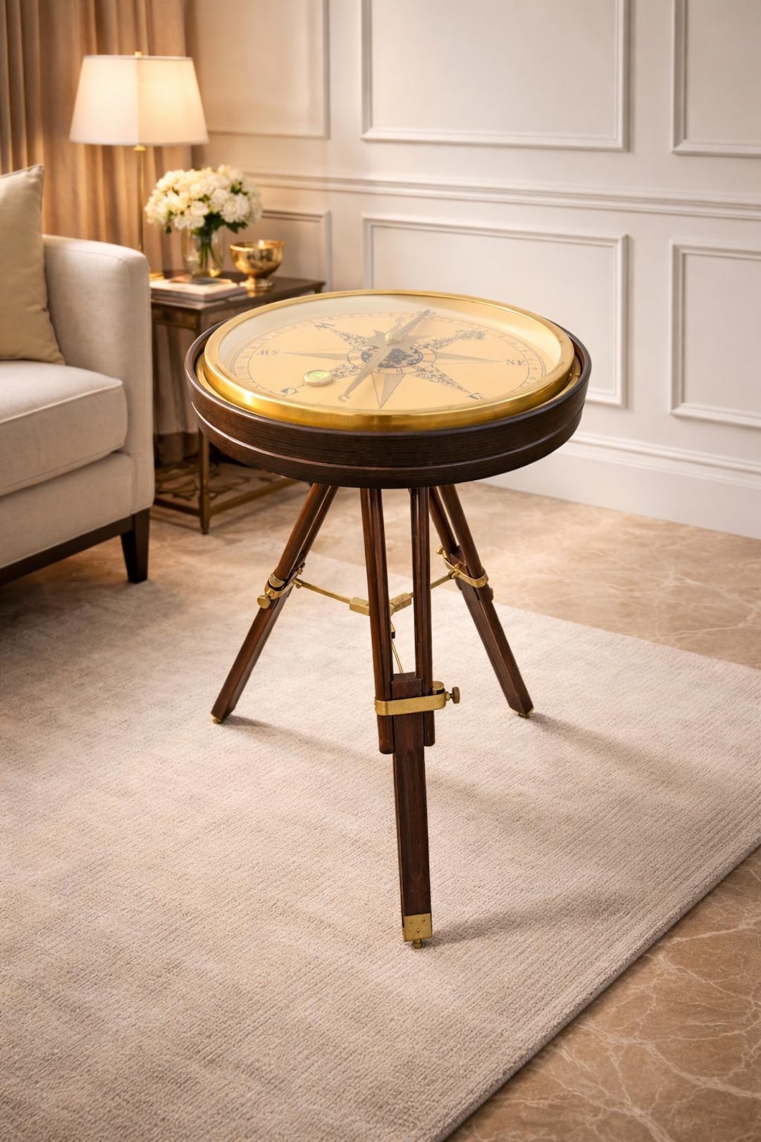 Vintage Nautical Compass Side Table | Handmade Wooden Tripod Table ...