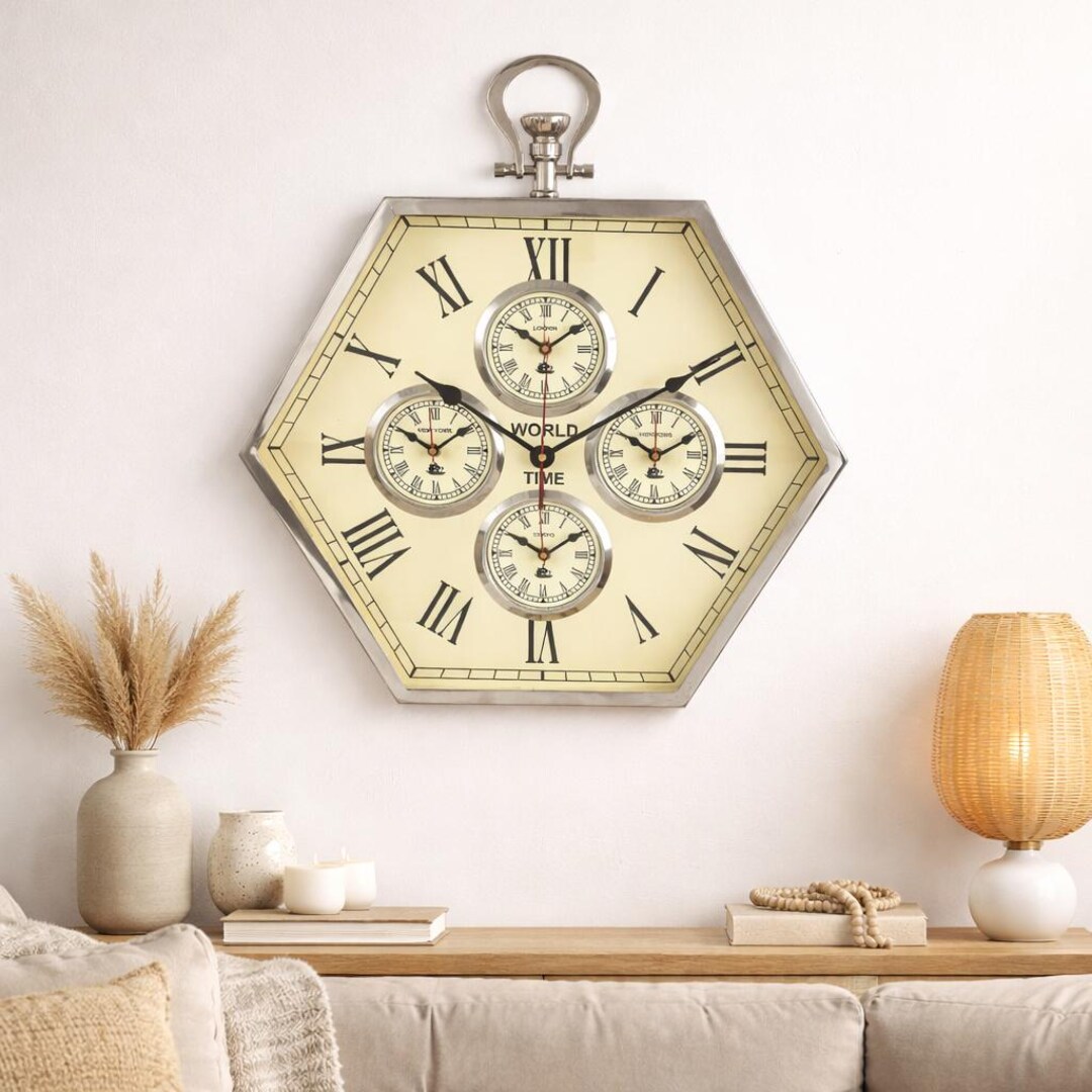 Vintage World Time Wall Clock | Hexagon Metal Wall Clock With Roman ...
