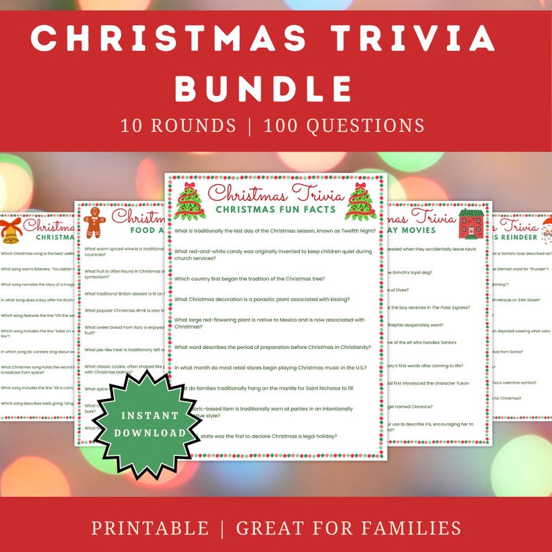 Christmas Trivia Bundle Printable – 100 Questions in 10 Rounds + Answer ...