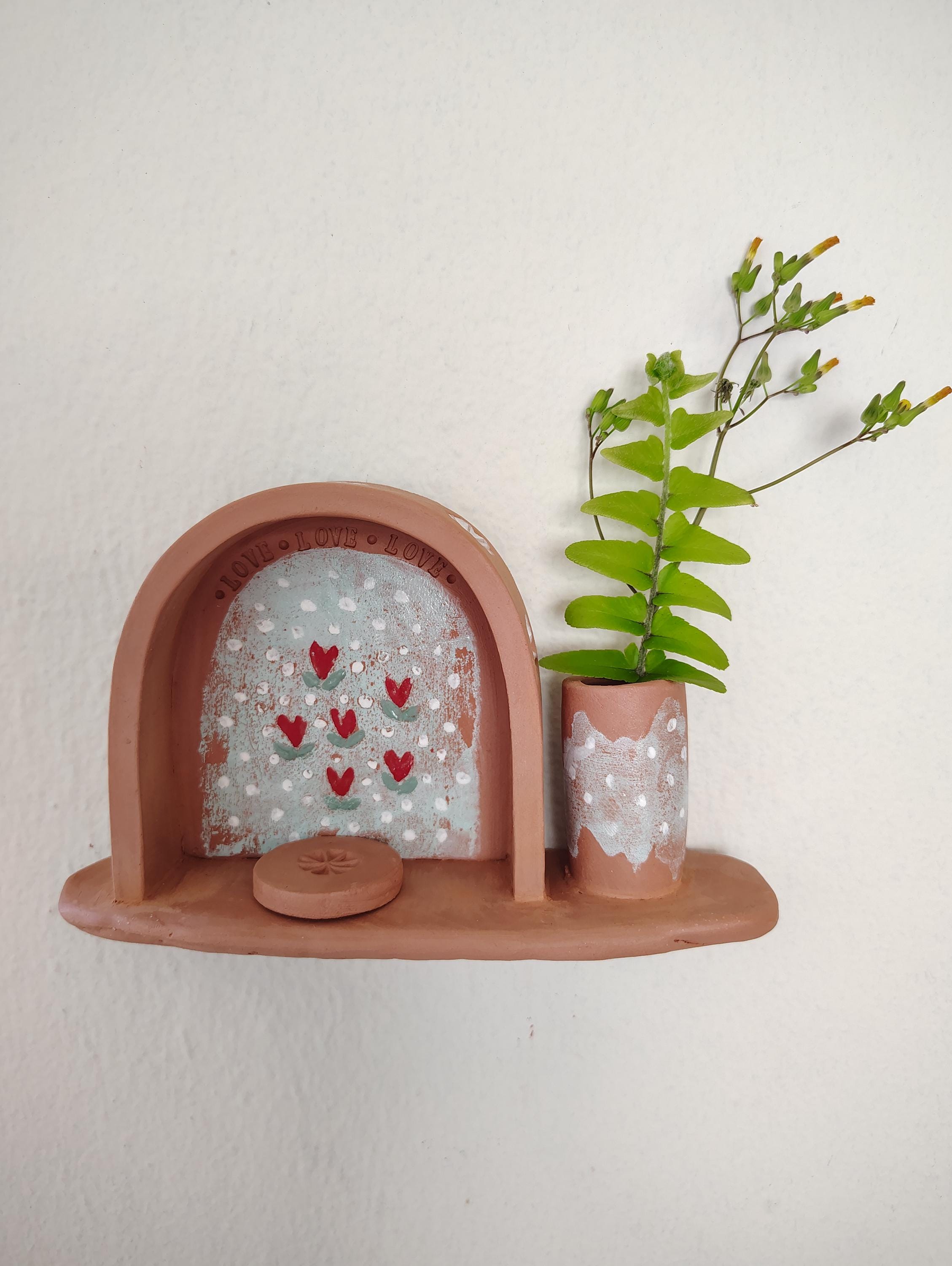 Clay Wall Shrine With Small Vase for Flowers, Ceramic Altar, Incense ...
