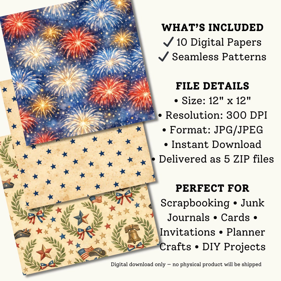 Patriotic Digital Paper Pack, Vintage Americana, USA 250th (12x12, JPG ...