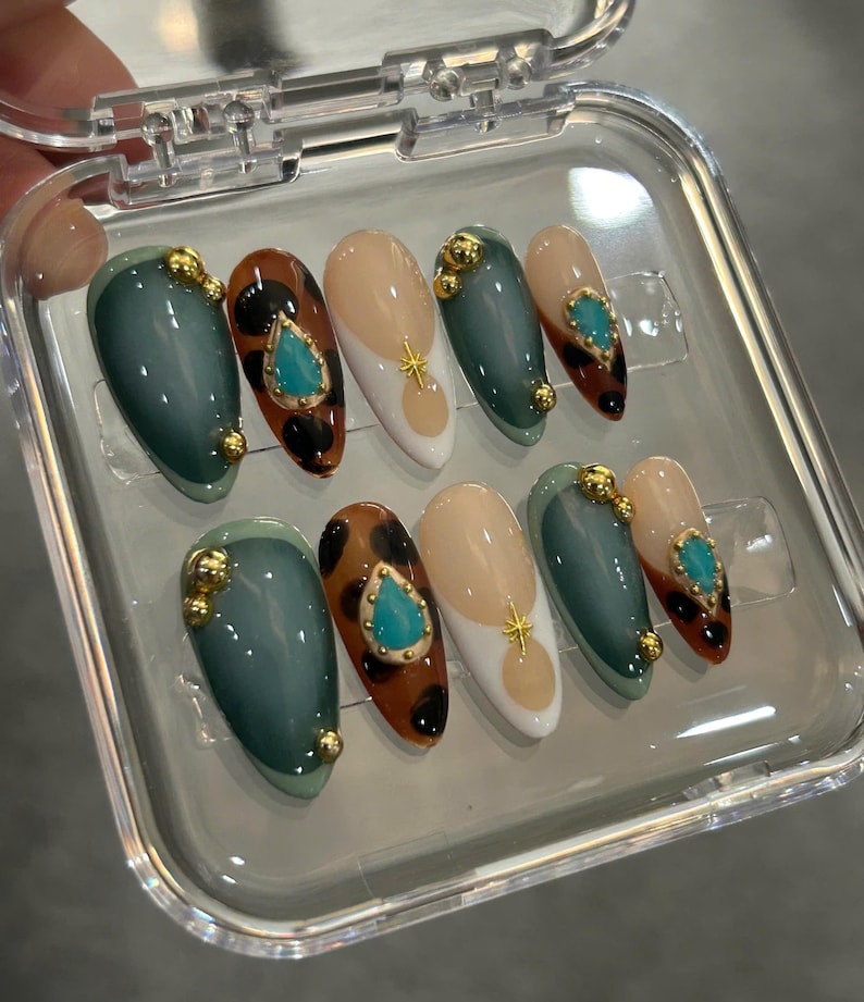 Handmade Press on Nails With Turquoise Charms, Green Gradient ...