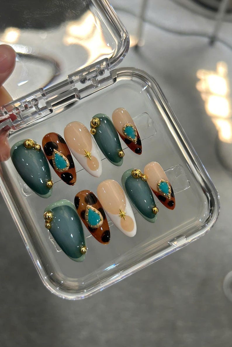 Handmade Press on Nails With Turquoise Charms, Green Gradient ...