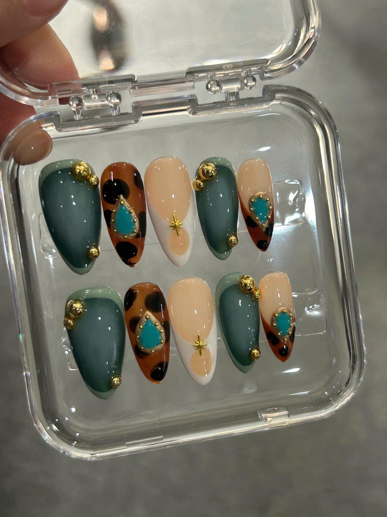 Handmade Press on Nails With Turquoise Charms, Green Gradient ...
