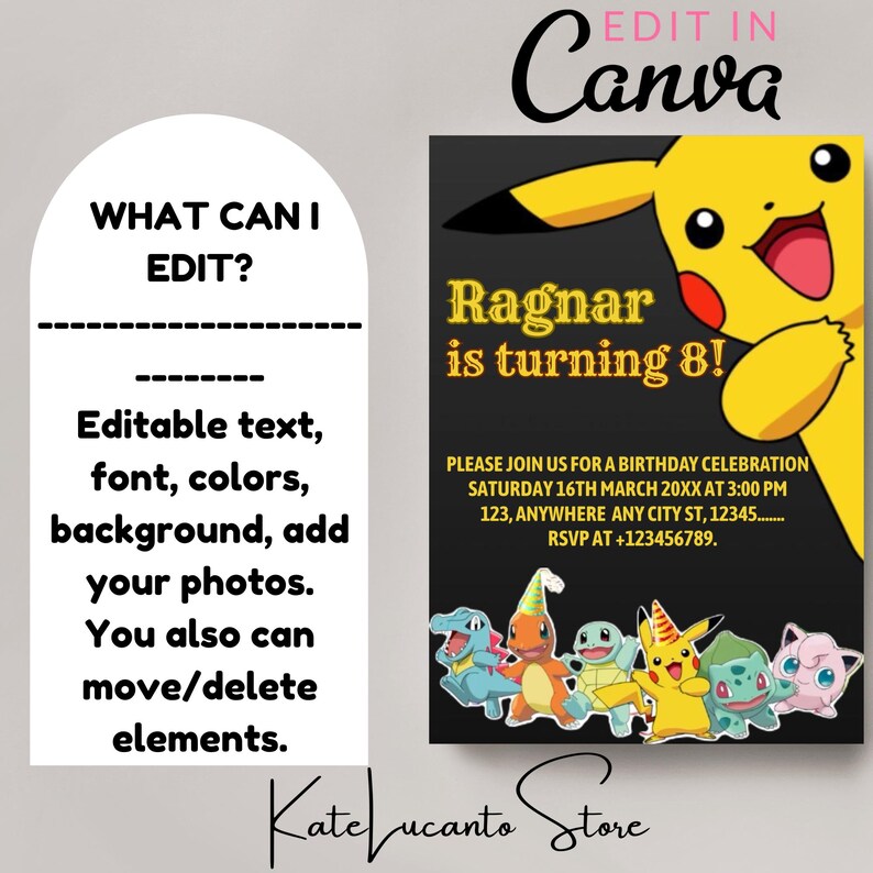 Editable Pokémon Birthday Invitation – Editable Canva Template – Ash ...