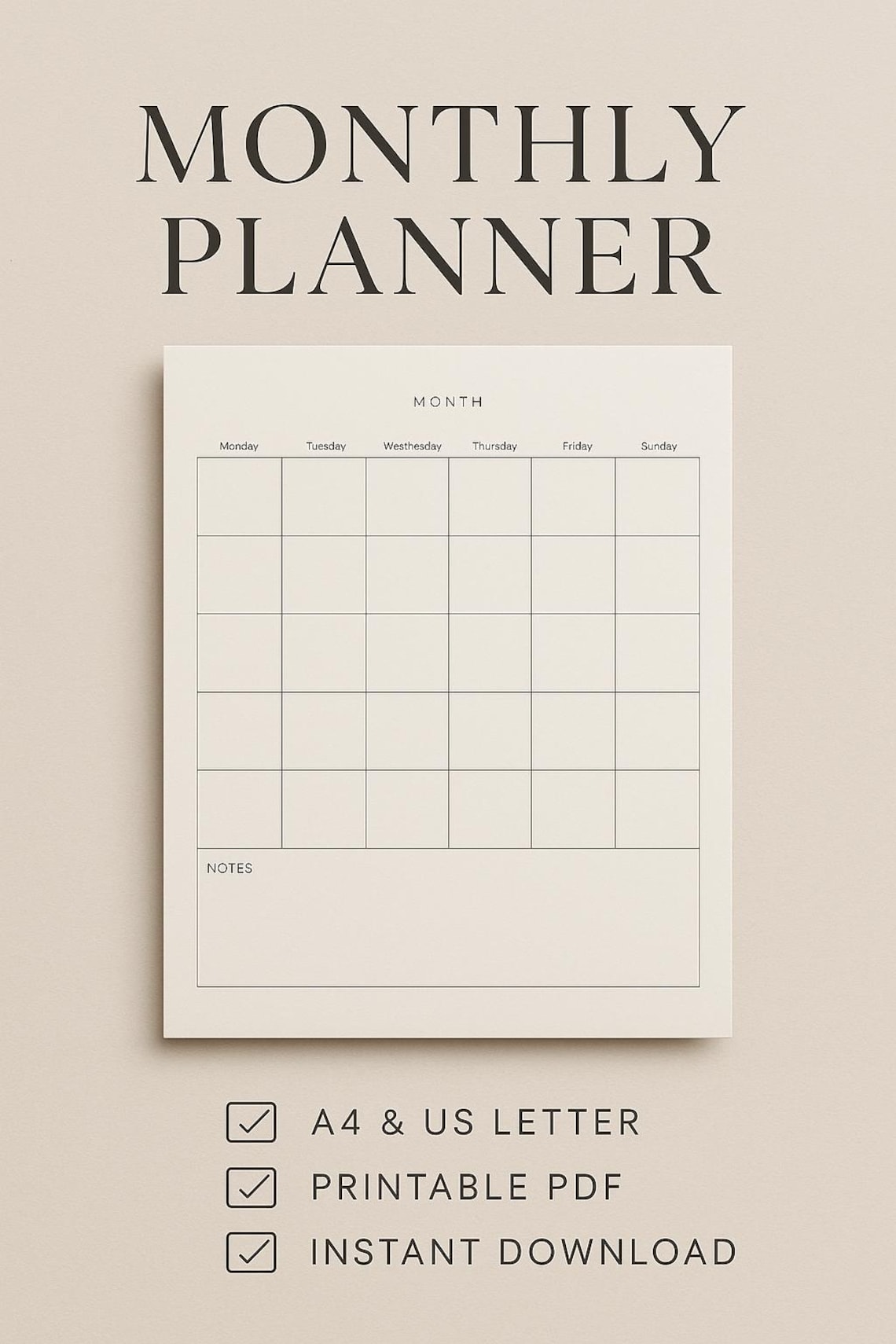Undated Monthly Planner Printable | Minimalist Calendar (PDF) - Etsy