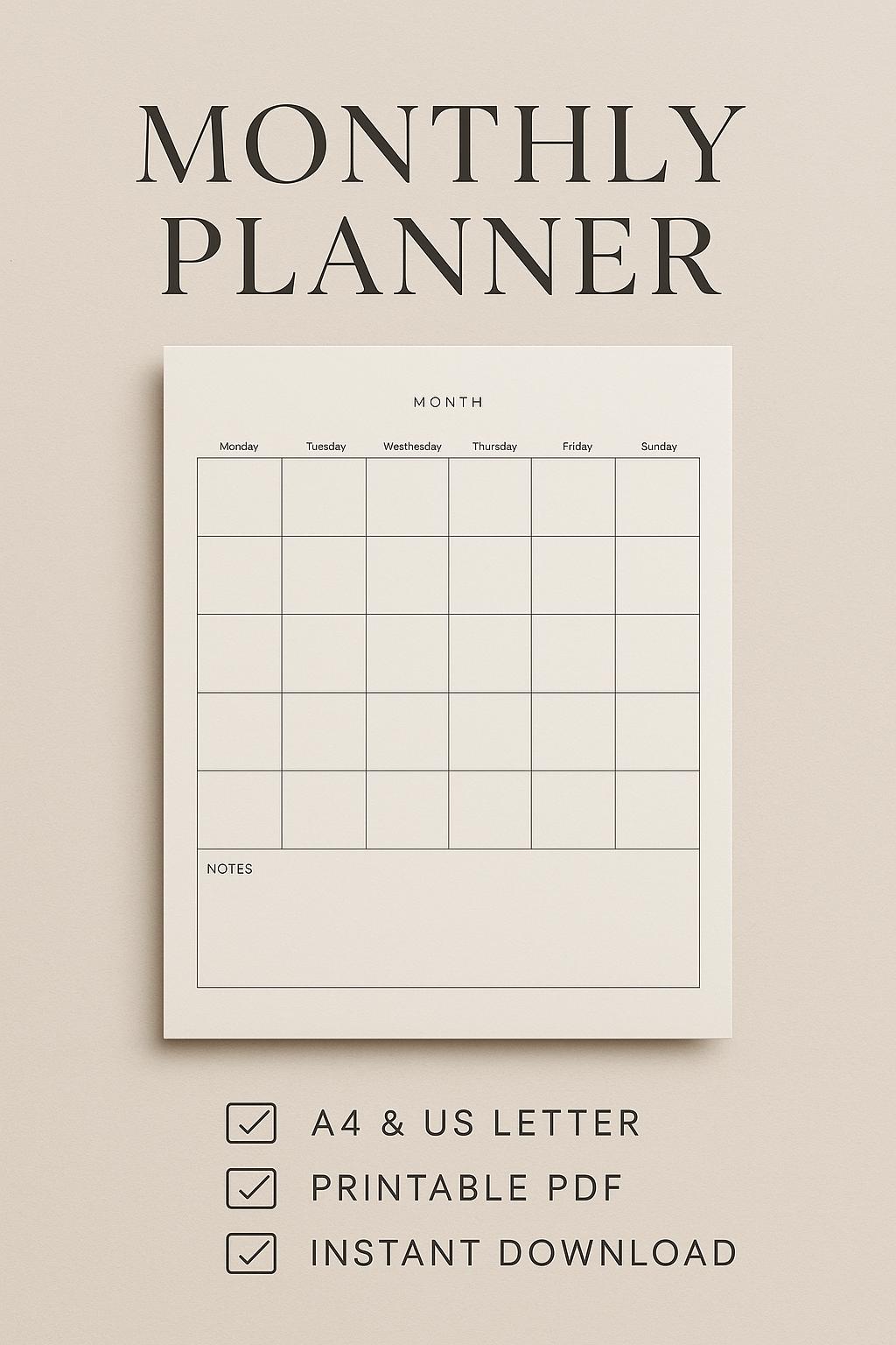 Undated Monthly Planner Printable | Minimalist Calendar (PDF) - Etsy
