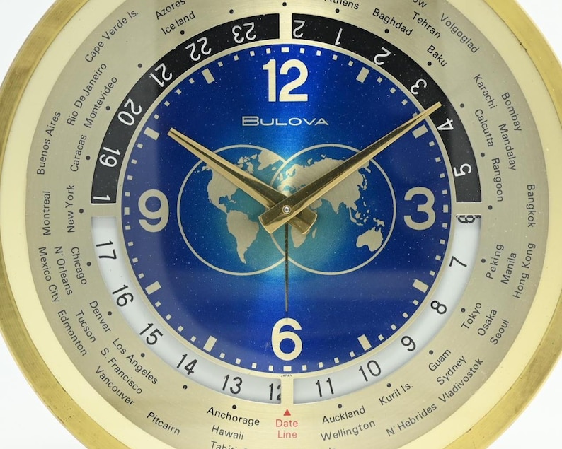 1970s Bulova Brass World Time Alarm Desk Clock, Blue Map Dial - Etsy