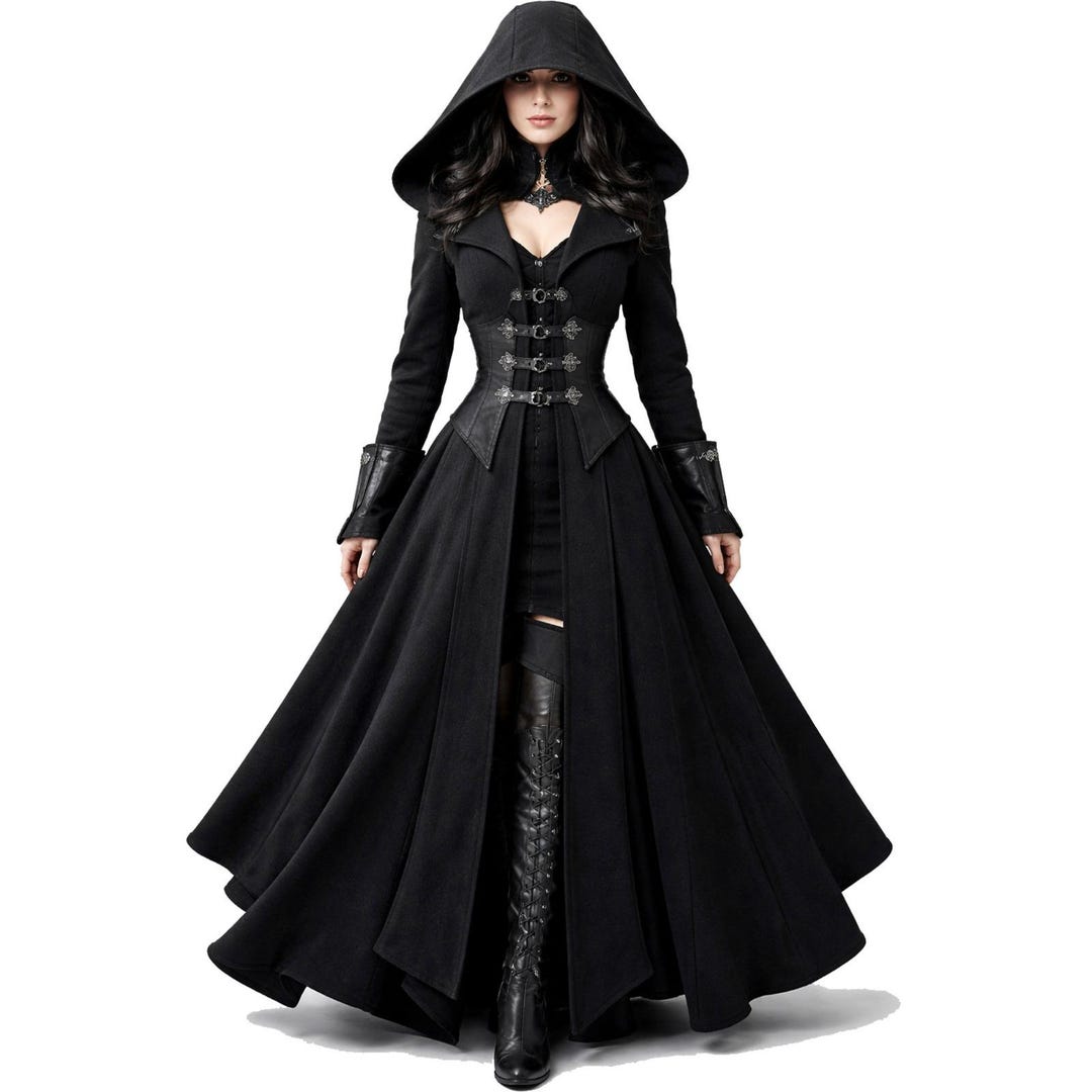 Gothic Victorian Black Wool Blend Maxi Coat – Hooded Medieval Fantasy ...