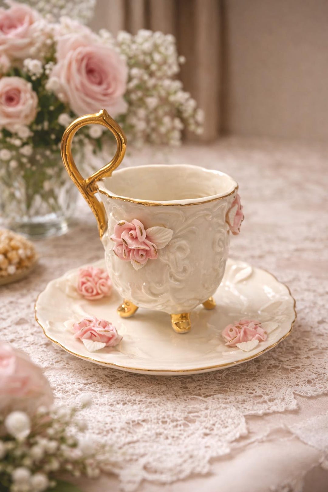 Cracker Barrel Ivory Porcelain Cup and Saucer, Pink Roses, 10K Gold ...