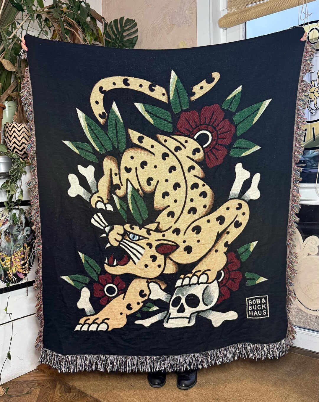 Leopard Cheetah Traditional Tattoo Floral Woven Tapestry Throw Blanket ...