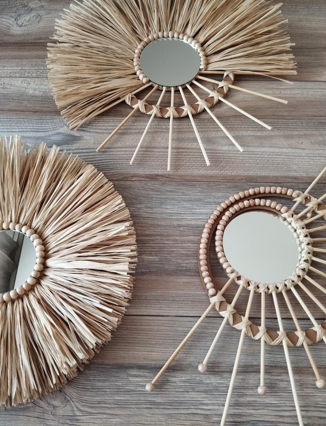 Boho Raffia Mirror Set – Handmade Natural Wall Decor – Sunburst Bambu ...