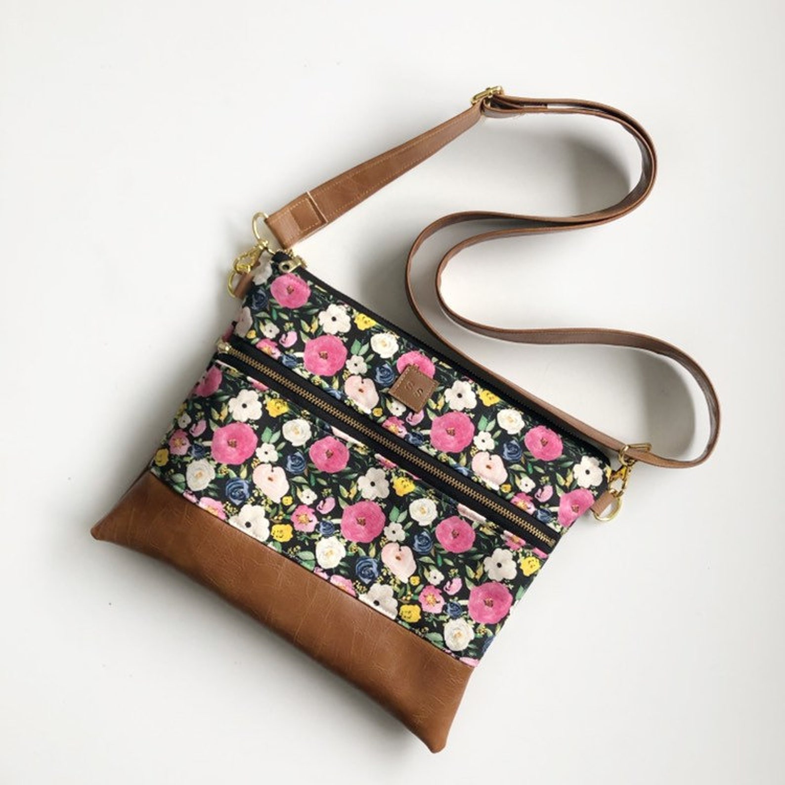 Black Floral Crossbody Bag With Front Zipper and Faux Carmel - Etsy