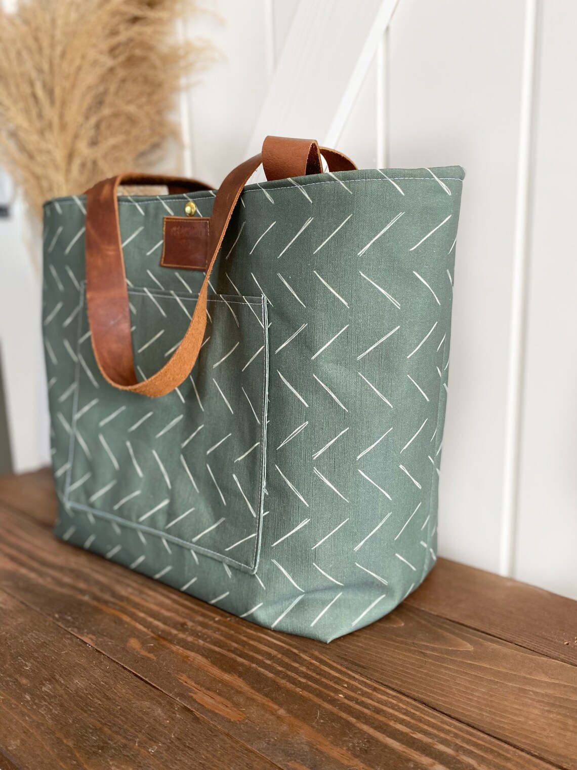 Duck Green Chevron Tote Bag – Handmade Canvas Shopper With Leather ...