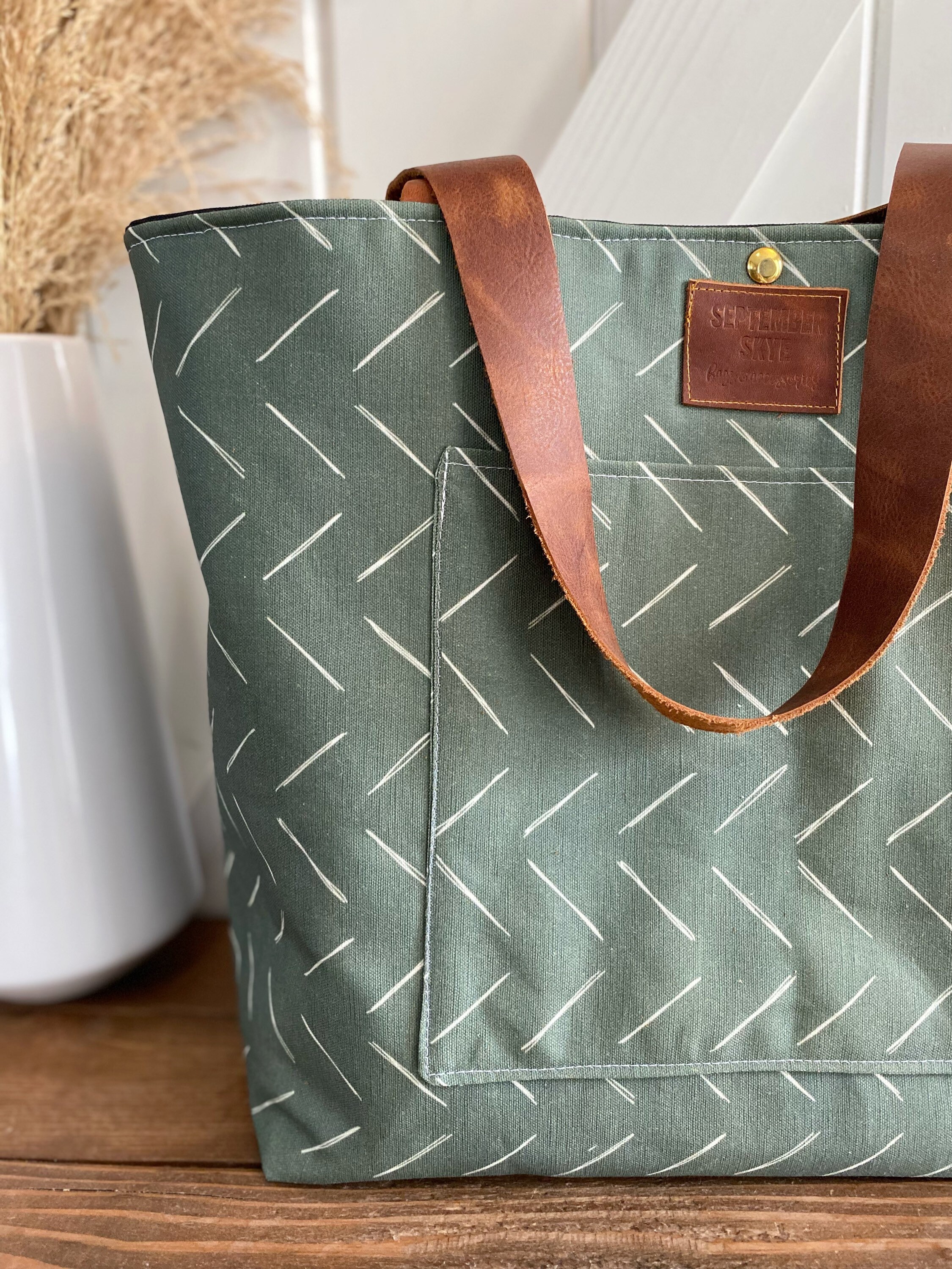 Duck Green Chevron Tote Bag – Handmade Canvas Shopper With Leather ...
