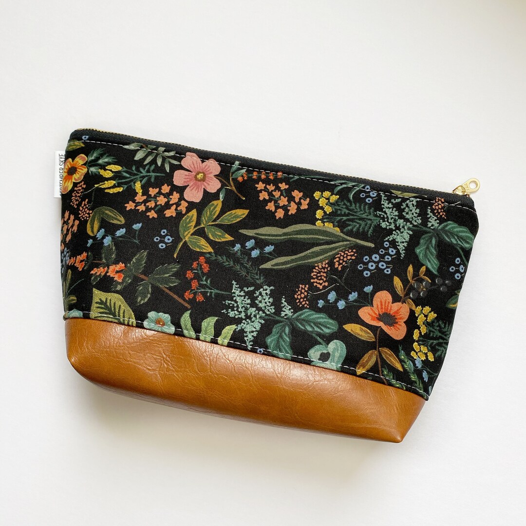 Floral Cotton Makeup Bag - Faux Leather Bottom Toiletry Pouch - Etsy