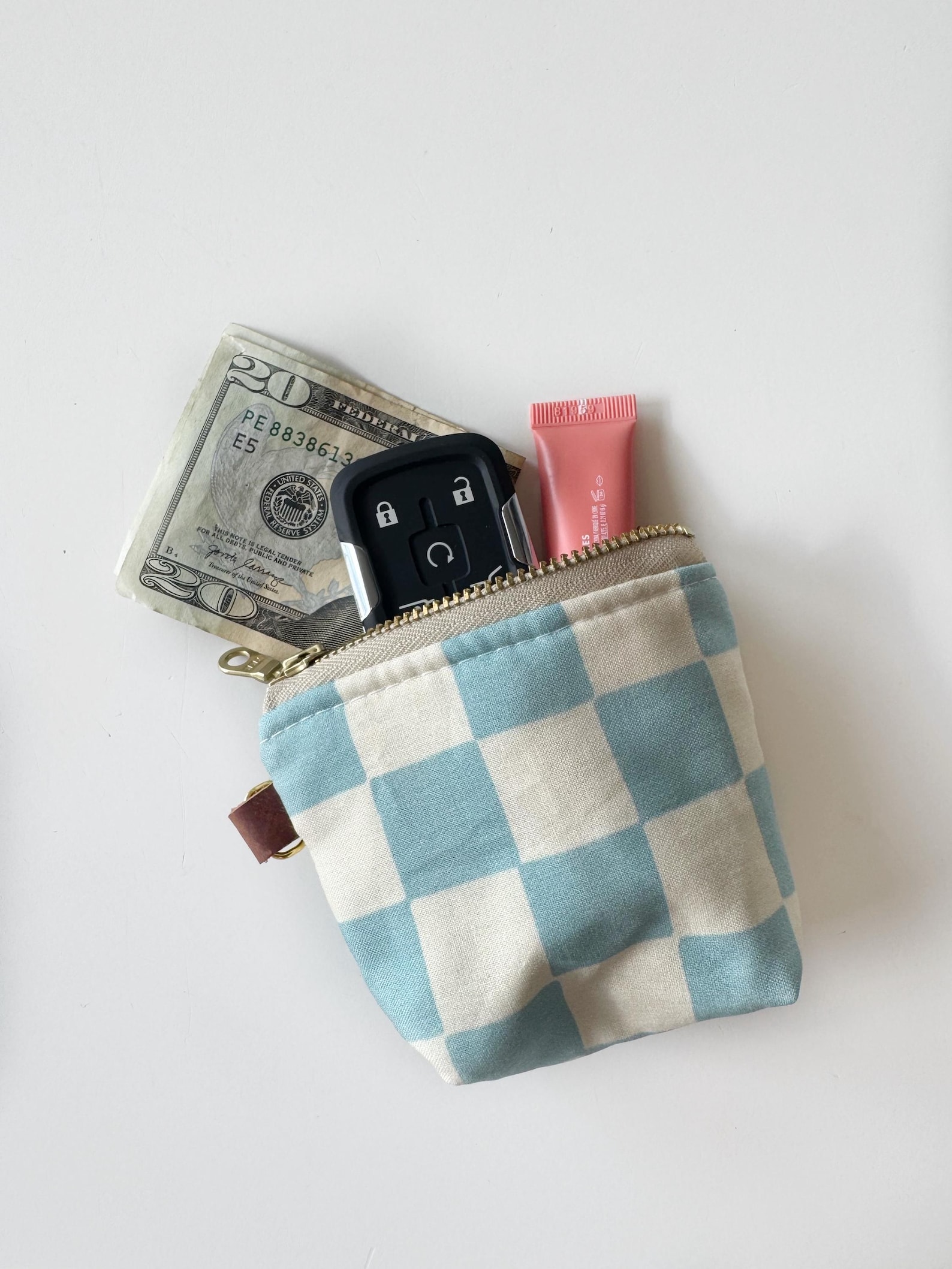 Itty Bitty Pouch With Keychain Light Blue and White Checker / Coin ...