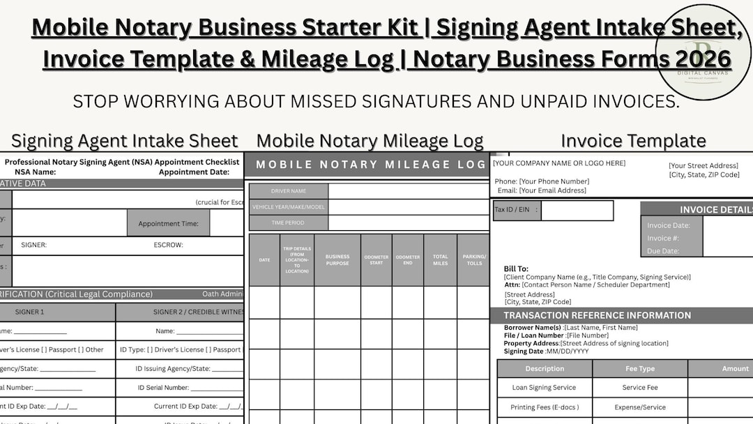 Mobile Notary Business Starter Kit | Signing Agent Intake Sheet, Tax ...