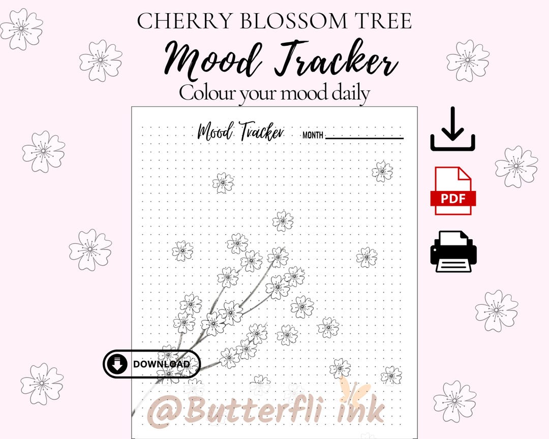 Cherry Blossom Mood Tracker Printable, Floral Emotion Log, Colour Your ...