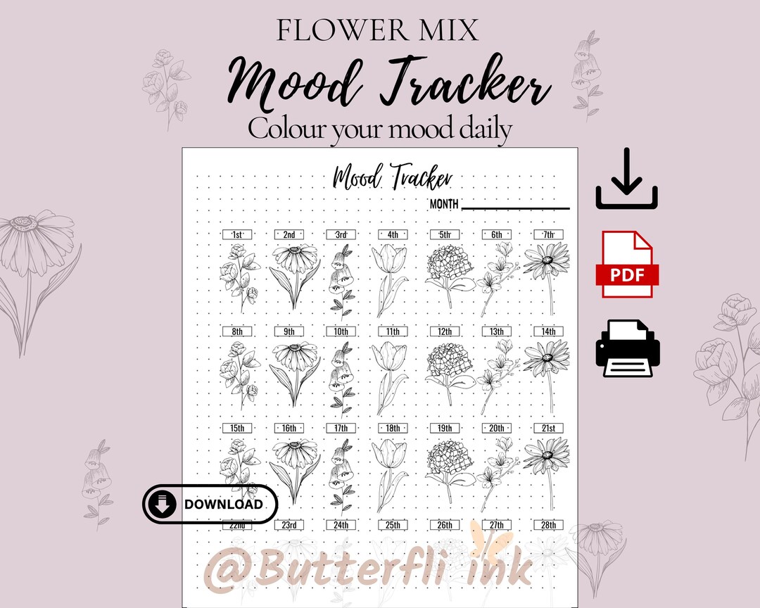 Floral Mood Tracker Printable, Flower Mindfulness Colouring Page, Self ...