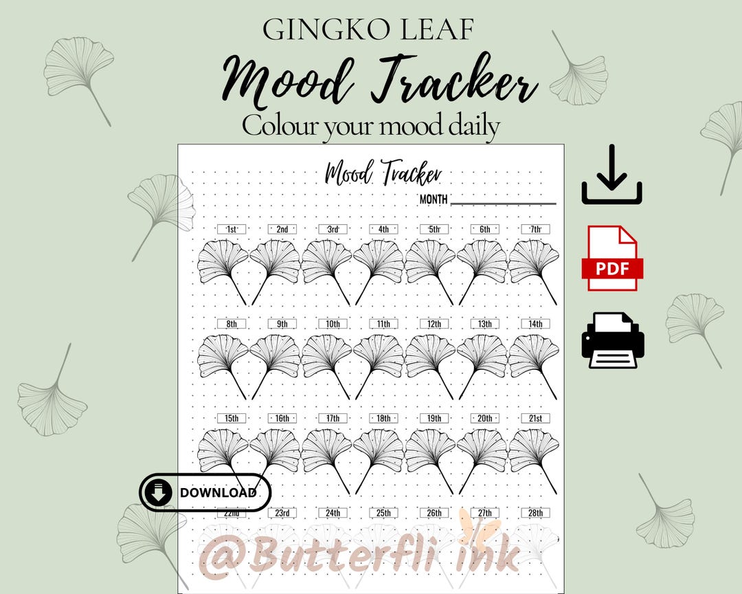 Ginkgo Leaf Mood Tracker Printable, Botanical Mindfulness Colouring Log ...