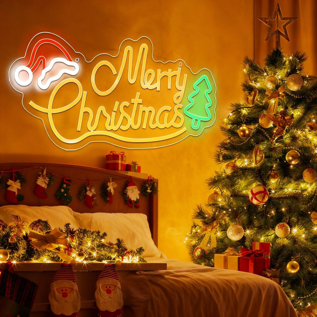 Merry Christmas Neon Sign With Santa Hat,santa Hat & Tree LED Light ...
