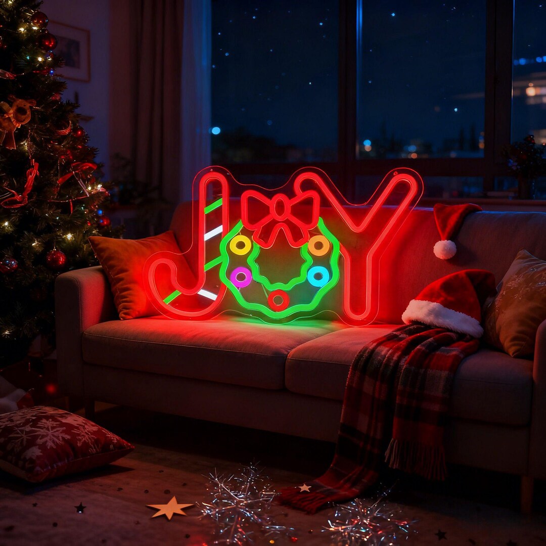 Christmas JOY Light Sign,neon Wreath & Candy Cane Design,unique Holiday ...