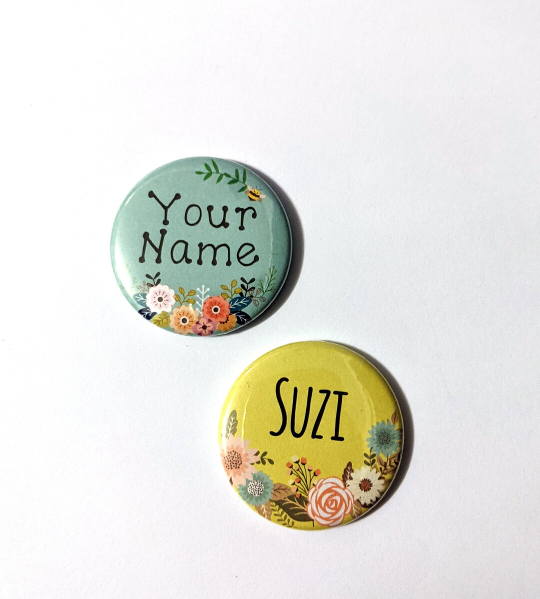 Pretty Yellow and Blue Custom Name Buttons Flowers Bees - Etsy