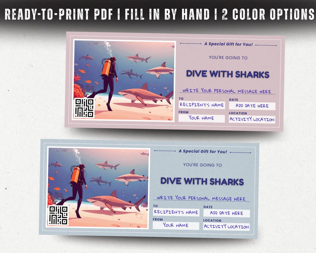 Shark Diving Experience Voucher Printable | Customizable by Hand ...