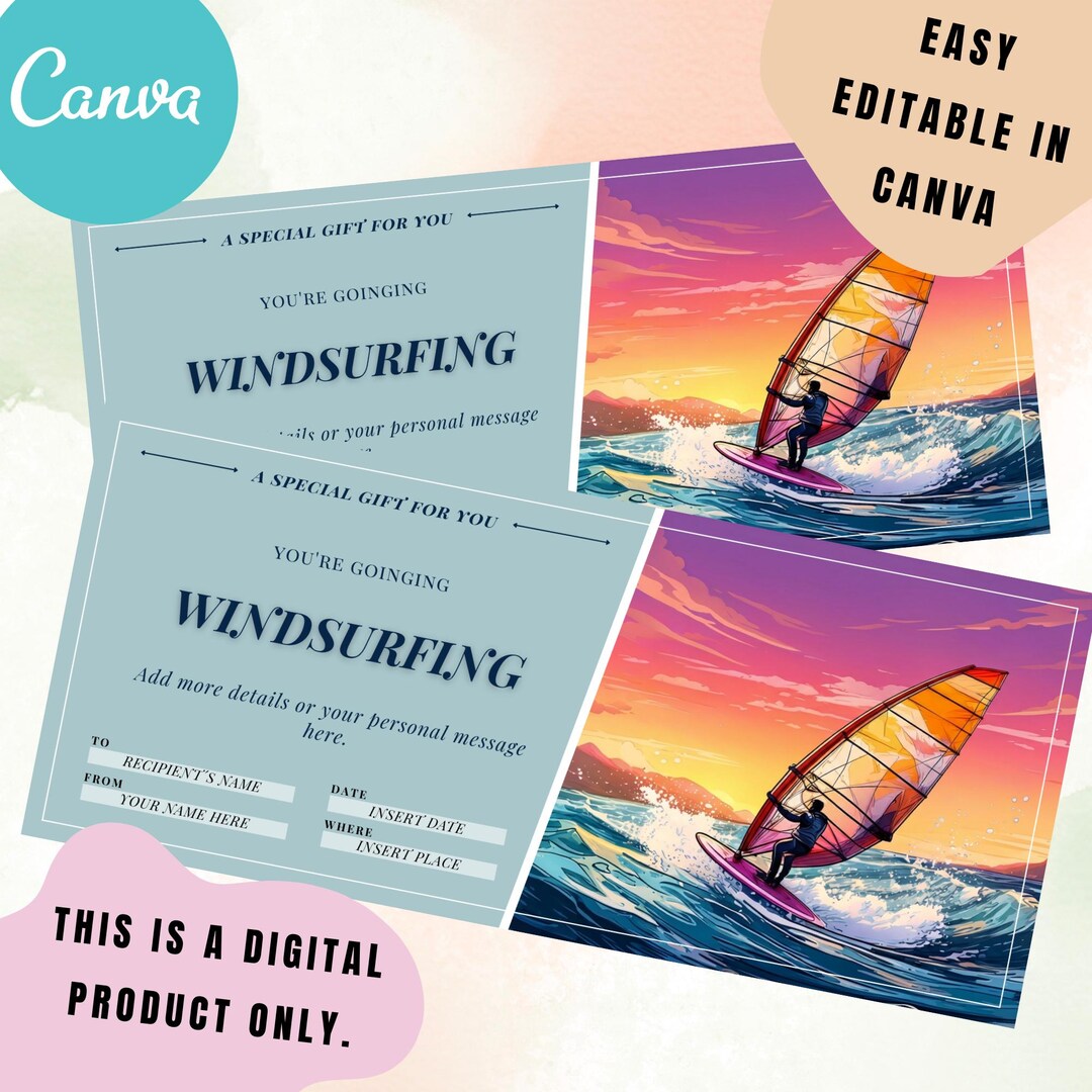 Printable Surprise Windsurfing Gift Voucher: Editable Ticket Template ...