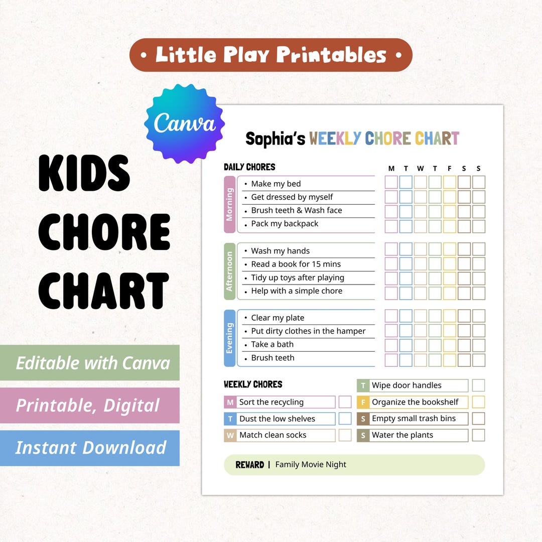 Editable Kids Weekly Chore Chart Printable for Daily Routine and ...