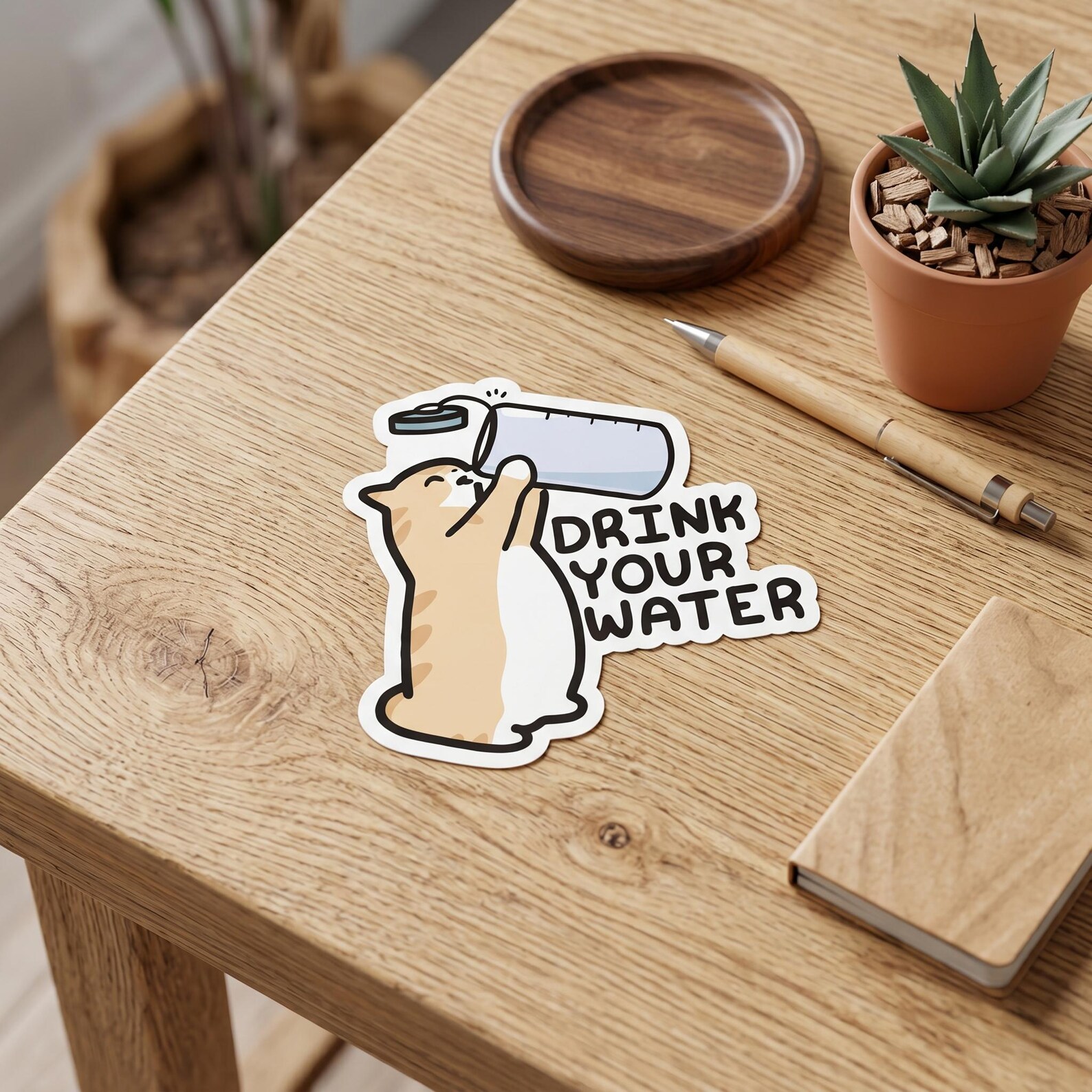 Cute Drink Your Water Cat Sticker, Funny Chonky Cat Hydration Reminder ...