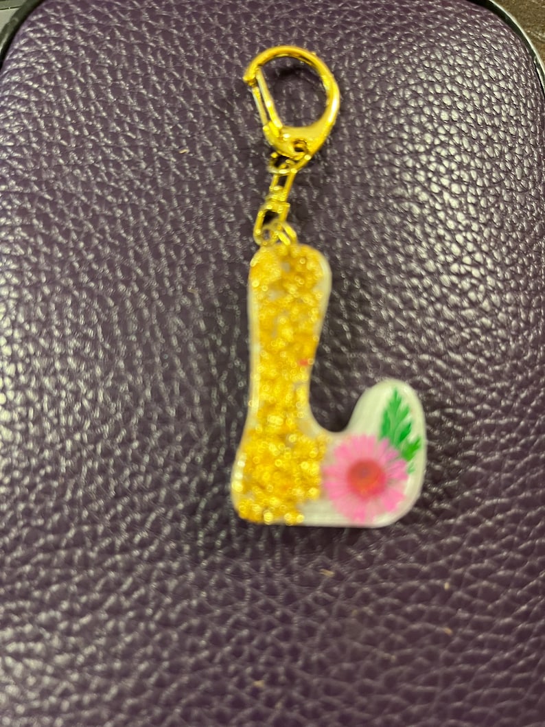 The “L” Keychain. Made With Gold Leaf, Clear and White Resin, Flowers ...