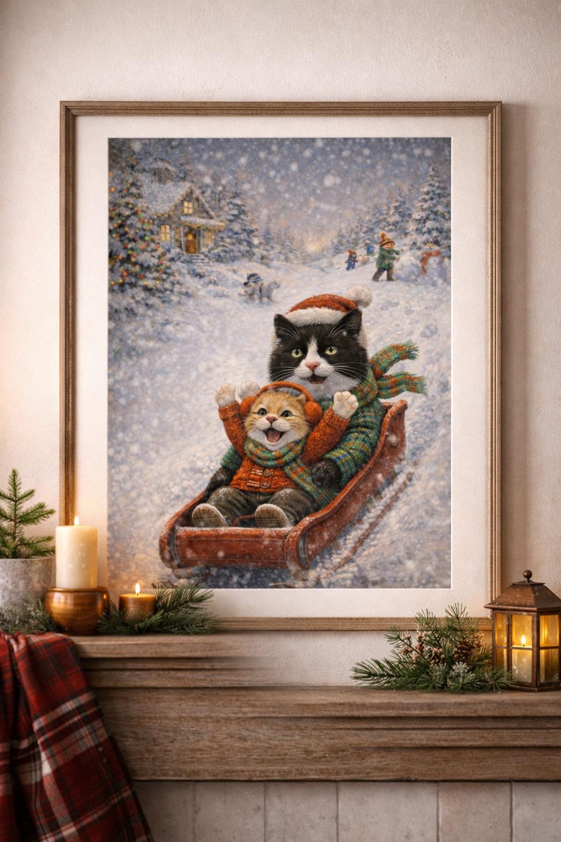 Christmas Cat Print – Festive Snow Sledding Wall Art - Etsy